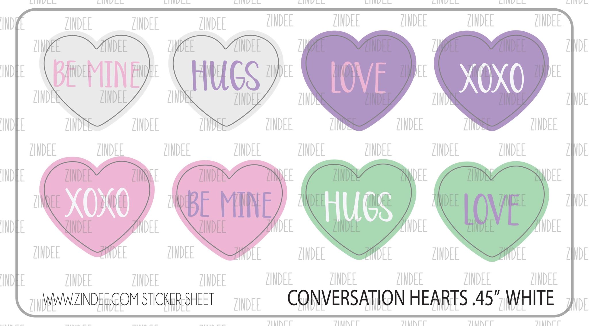 Conversation Hearts (sticker sheet) .45″ White Gloss – Zindee