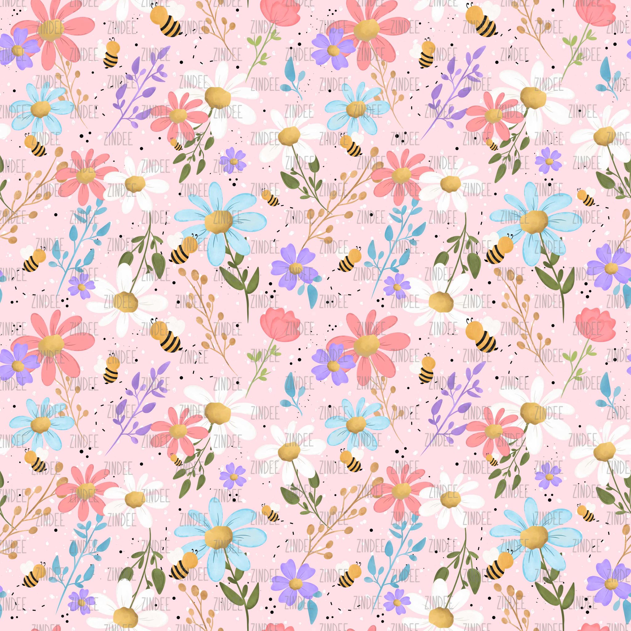 Pink Wildflowers And Bees seamless (vinyl) – Zindee