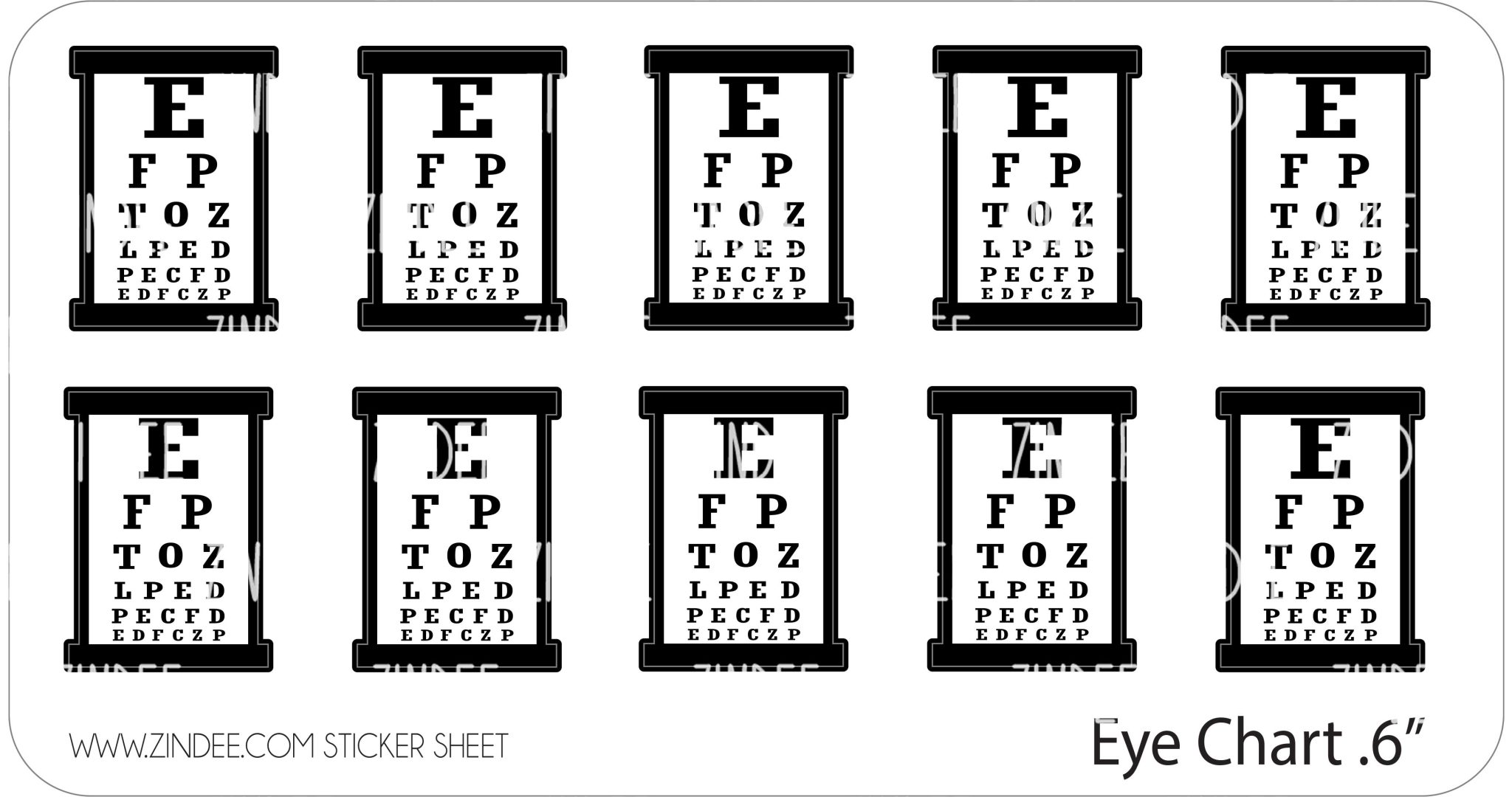 Eye Test Chart (sticker sheet) .6″ White Gloss – Zindee