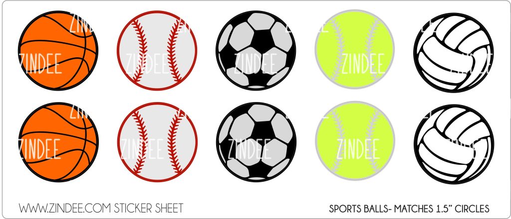Sports Balls 1.5″ (sticker sheet) White Gloss – Zindee